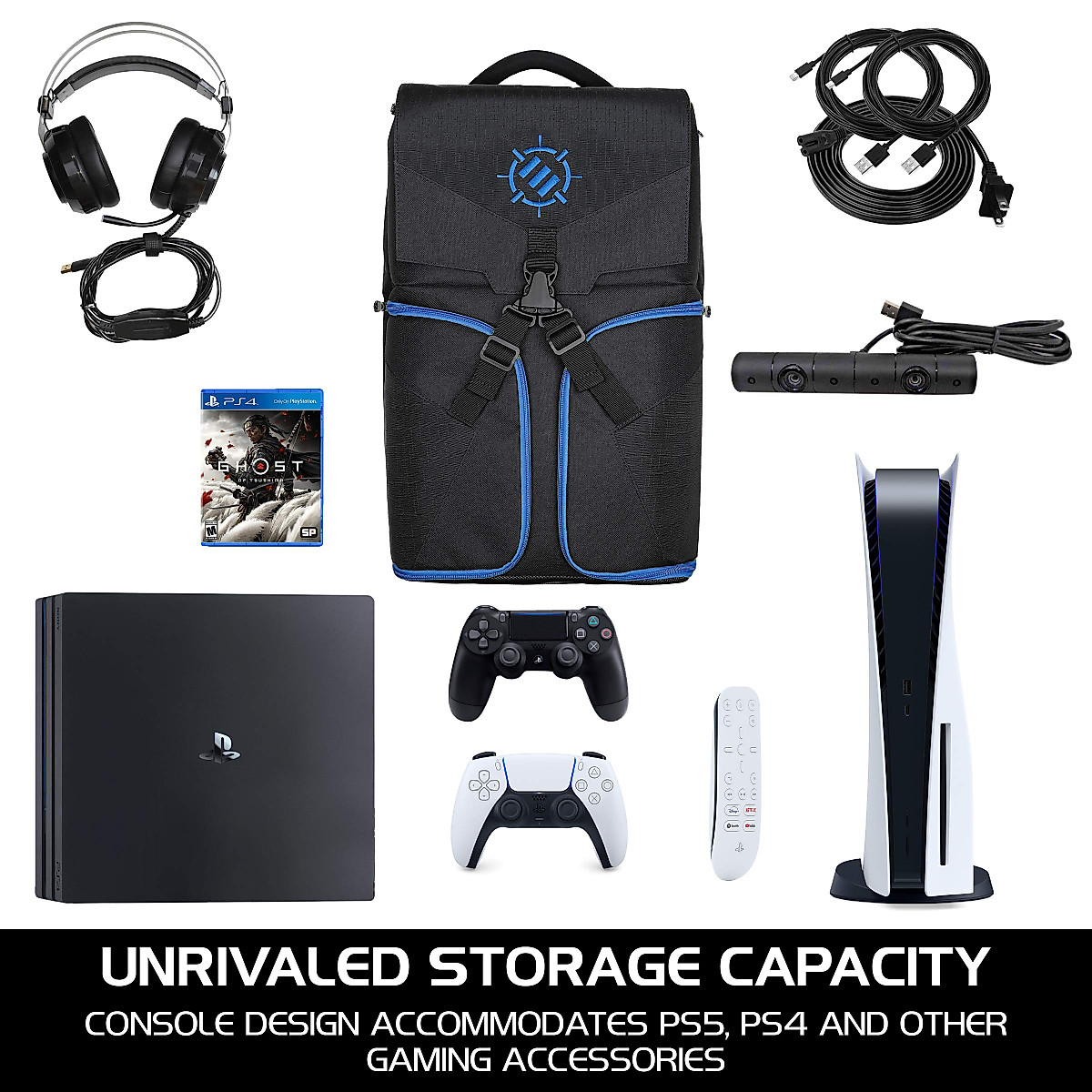 ENHANCE PS5 Backpack and Storage Case - Compatible with PS5 , PS4 Pro & PS4 - Gear Arsenal Storage Compartments , Gaming Console Backpack for Controllers , Headsets , Games & Accessories - Blue