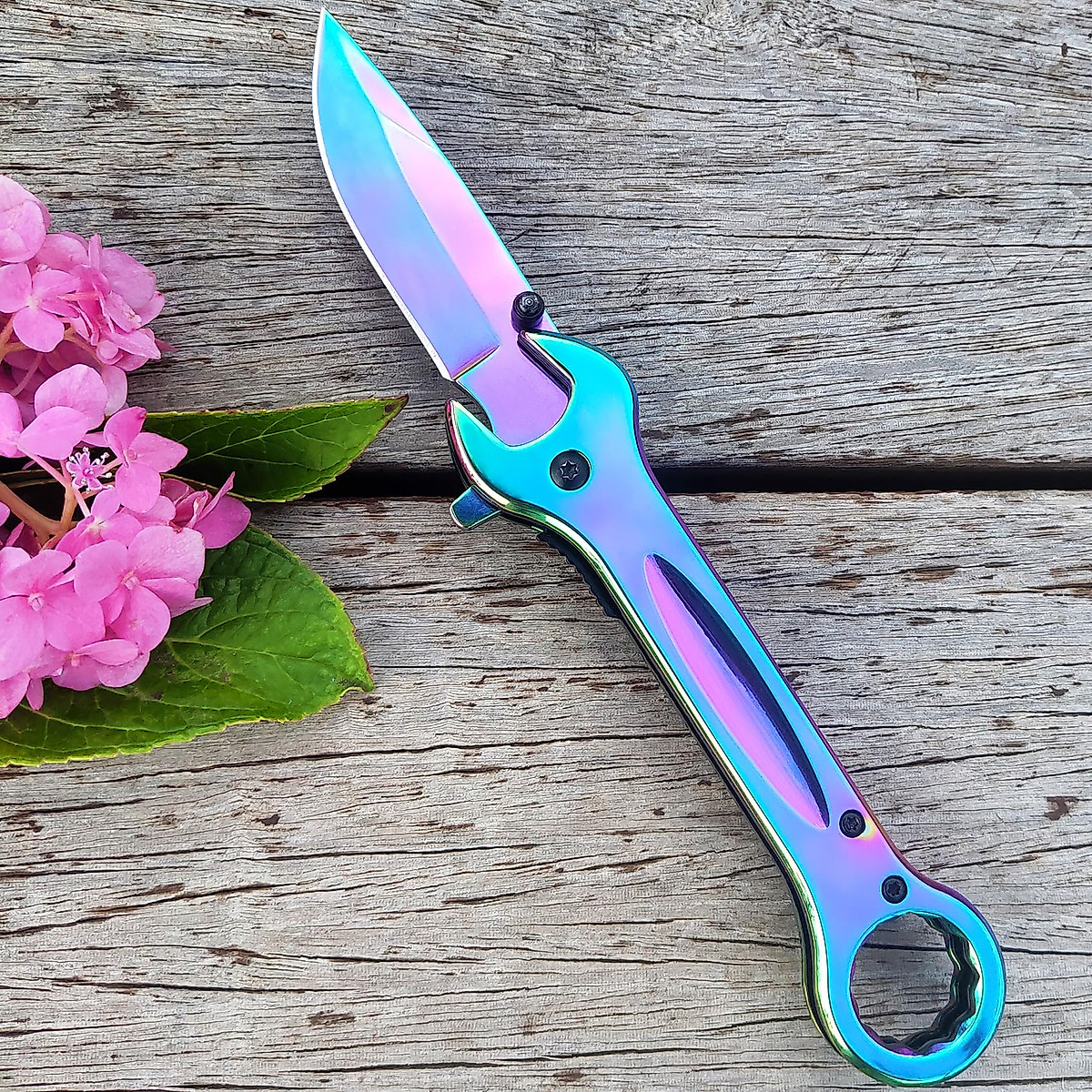 MADSMAUG Pocket Knife, Unique Utility Pocket Folding Knife with 14mm and 19mm wrenchs, Titanium plated Great Gift EDC Knife For Daily Work Outdoor Camping (Rainbow)