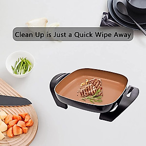 Electric Skillet Nonstick with Lid - 12"x12" Deep Frying Pan, Serves 4 to 6 People, Cool Touch Handles, Removable Heating Probe, Dishwasher Safe, Copper