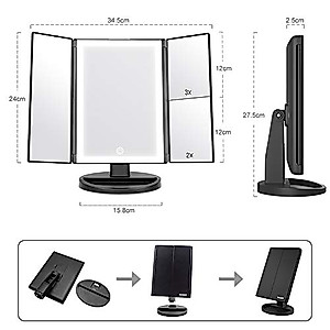 WEILY Lighted Vanity Makeup Mirror 1x/2x/3x Magnification Trifold with 36 LED Lights Touch Screen and USB Charging, 180 Degree Adjustable Stand for Countertop Cosmetic Makeup Mirror(Black)