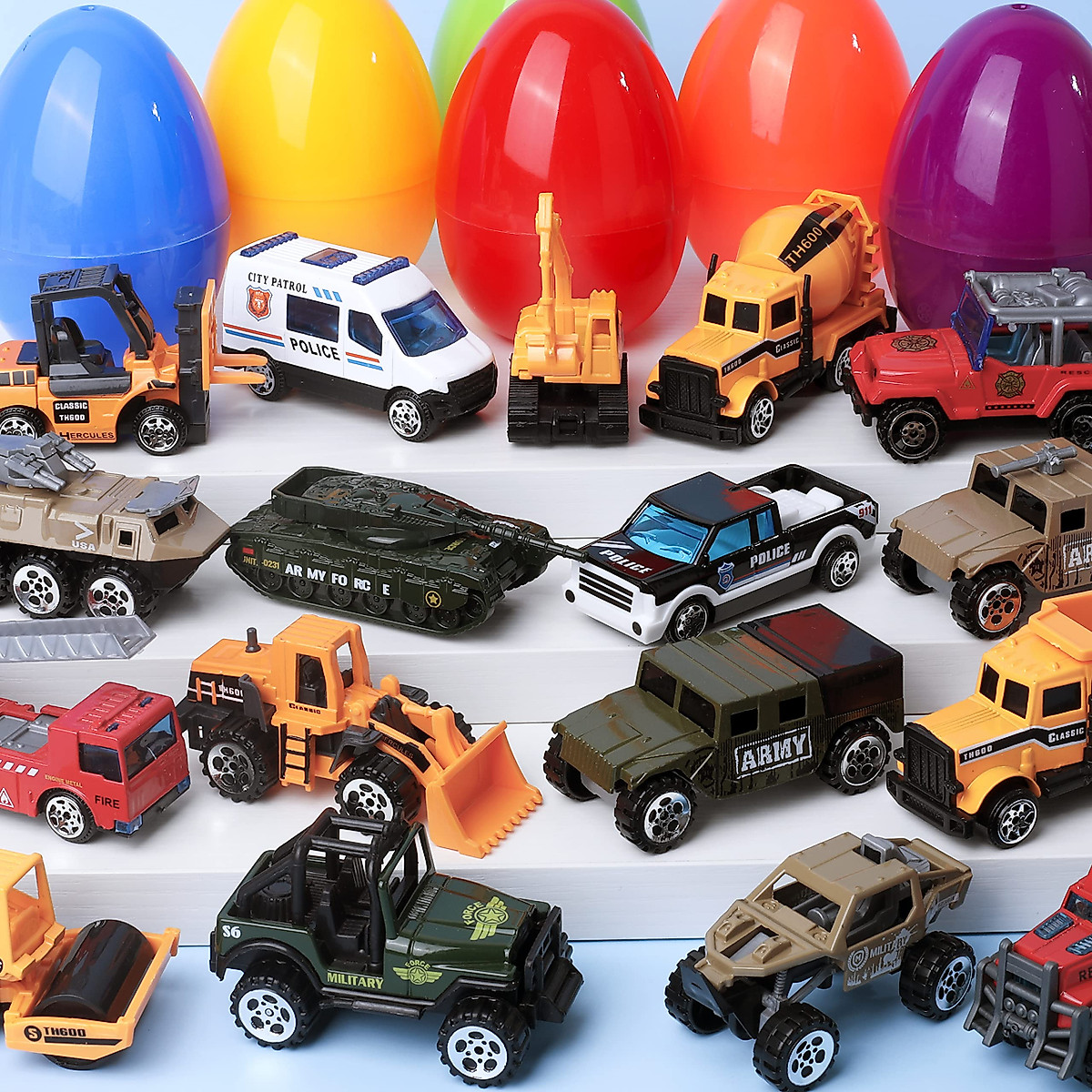 JOYIN 18 Pcs Jumbo Easter Eggs Filled with Die-cast Vehicles, Pull Back City Cars and Trucks Toy Prefilled Egg for Kids Basket Easter Stuffers, Party Favors and Easter Eggs Hunt