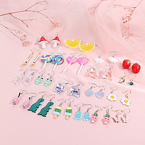 Subiceto 20 Pairs Weird Funny Earrings For Women Teens Gummy Bear Goldfish Water Bottle Mushroom Dinosaur Moon and Stars Strawberry Egg Cute Aesthetic Drop Dangle Earring Set