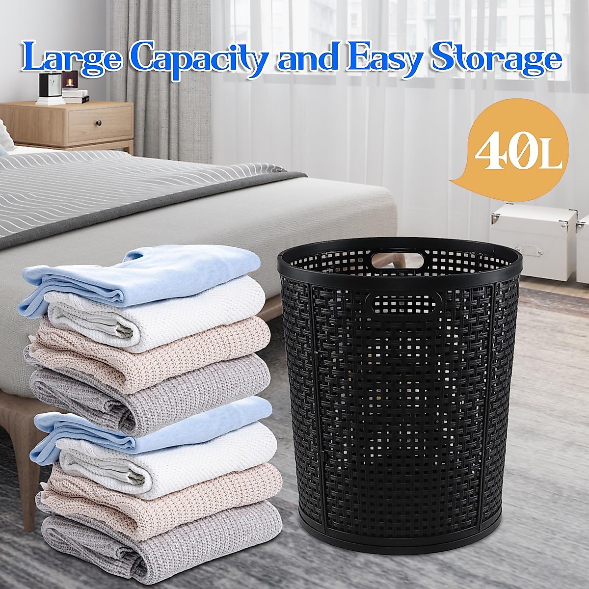 Waikhomes Laundry Hamper with Handles, Flexible Laundry Basket for Clothes, Black, F