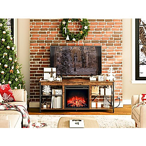 HOOBRO Fireplace TV Stand with Led Lights and Power Outlets, Wooden Media Entertainment Center Console Table with Glass Shelves, Fireplace TV Console for TVs up to 65", Rustic Brown BF140UDDS01