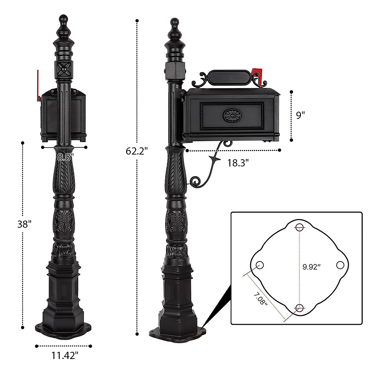 Heavy Duty Mailbox Classic Decorative Cast Aluminum Mail Box Postal Vertical Pedestal (Black)