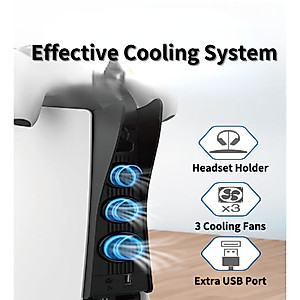 3 IN 1 PS5 Stand with 3 Cooling Fans and Dual Fast Controller Charging Station with LED indicator Extra USB Port and Headset Holder Upgraded Quiet Cooler Fan for Playstation 5 Console PS5 Accessories