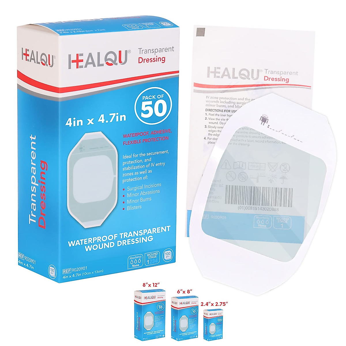 Transparent Film Dressing, 4" x 4 3/4" Box of 50 - Waterproof Wound Bandage Adhesive Patches, Post Surgical Shower or IV Shield, Tattoo Aftercare Bandage by Healqu