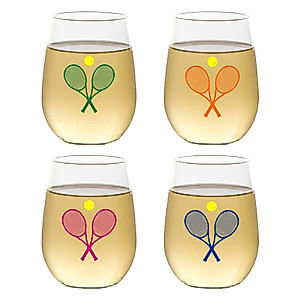 Set of 4 Shatterproof Designer 16 oz Plastic Wine Glasses MADE in the USA (TENNIS)