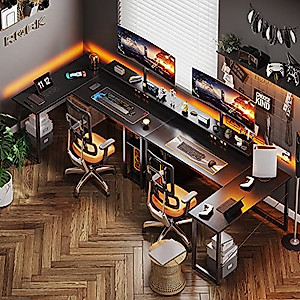 ODK L Shaped Gaming Desk, 53'' Corner Computer Desk with Monitor Stand & Storage Shelf, Sturdy Home Office Work Writing Table, Black