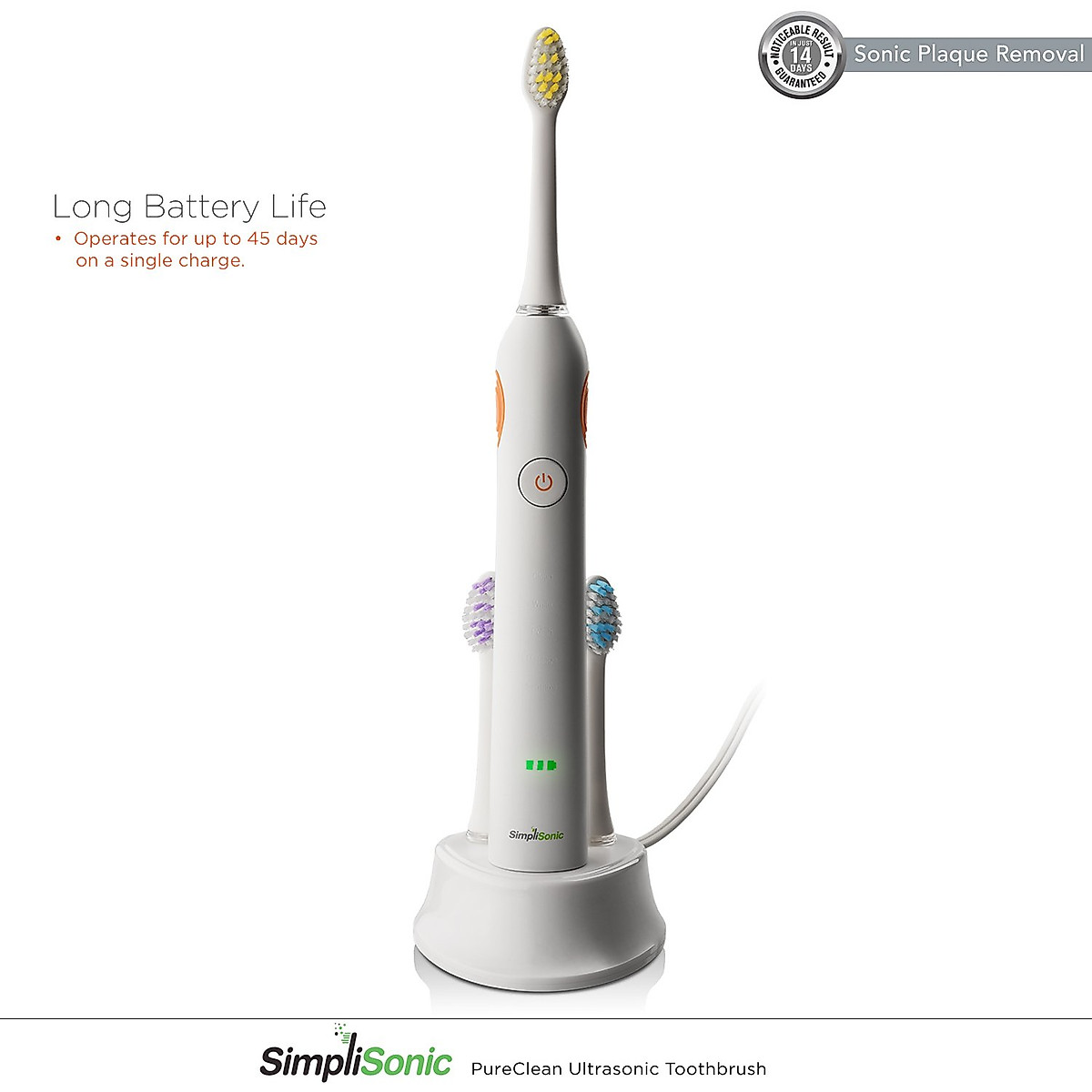 SimpliSonic Ultrasonic Rechargeable Electric Toothbrush Premium Package w/ 12 Heads (White)
