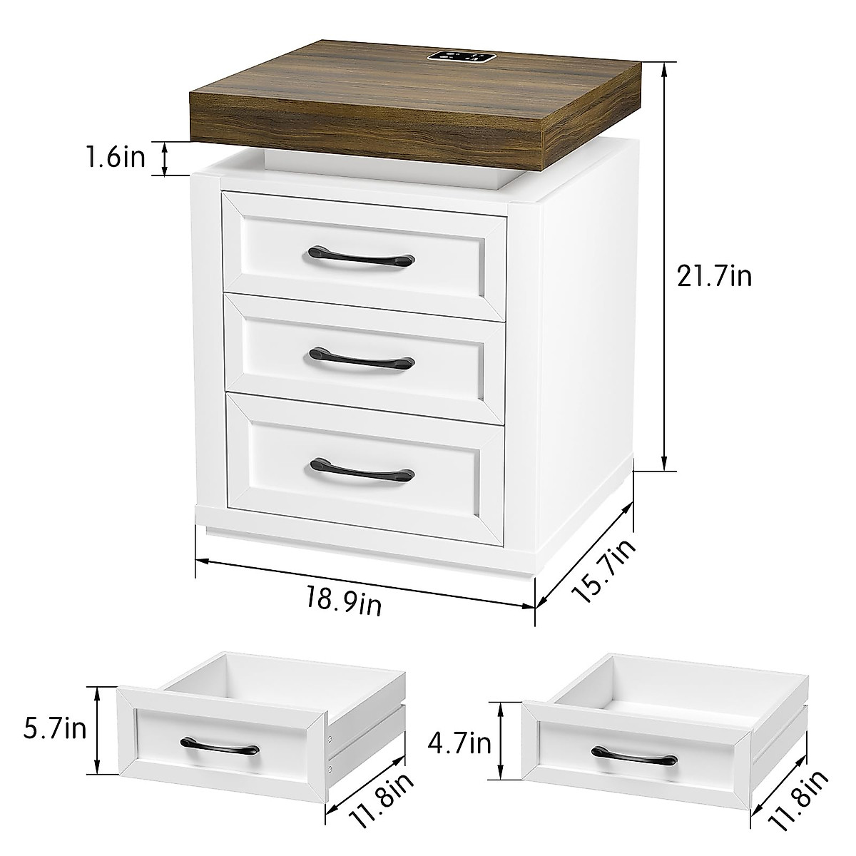 BROTTAR Nightstand with Gun Drawer, Farmhouse LED Bedside Table with Charging Station, Human Sensor, Smart Nightstand with Locking Drawer for Bedroom, Office