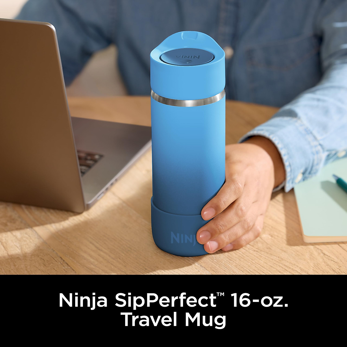 Ninja, Travel Mug, Sip Perfect 16oz, Brings Hot Drinks to Sippable Temperature in Minutes, Stainless Steel, Leak Proof, Dishwasher Safe, Metal, Insulated Tumbler, Tropical Blue, DW1603SB
