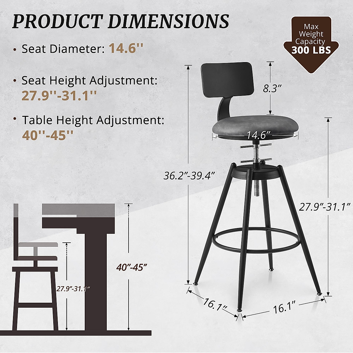 Industrial Swivel Bar Stool Set of 4, 26"-32" Adjustable Counter Height Bar Stool with Back for Kitchen Island, Vintage Farmhouse Faux Leather Barstool with Black Metal Legs, Dark Gray