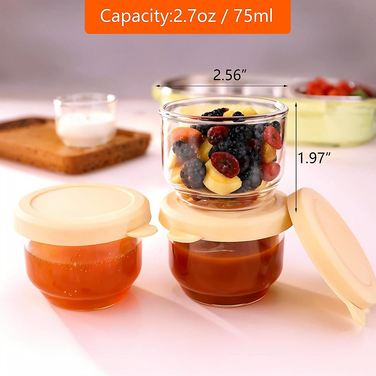 Matifaner Salad Dressing Container To Go, 2.7 oz Glass Small Condiment Container with Lids, Dipping Sauce Cups for Lunch Box, Leakproof Reusable Sauce Containers, Salad Jars Meal Prep (2.7oz×4pcs)