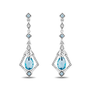 Jewelili Enchanted Disney Fine Jewelry Sterling Silver with 1/8 CTTW Diamonds and Swiss Blue Topaz Elsa Dangling Earrings