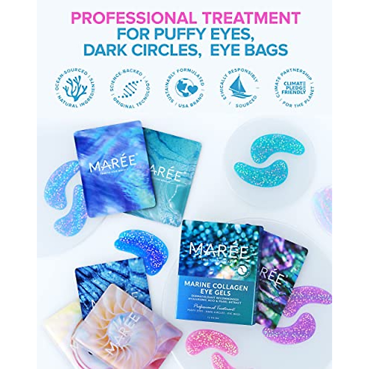 Maree Eye Gels - Pearl Eye Masks that Reduce Wrinkles, Puffy Eyes, Dark Circles, Eye Bags with Natural Marine Collagen, Hyaluronic HA - Anti Aging Under Eye Patches, Face Moisturizer Treatment