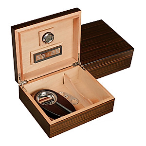 Woodronic Handmade Cigar Humidor with Cigar Accessories for 30-50 Counts, Cigar Starter Kit with Hygrometer, Humidifier, Cigar Cutter, Ashtray, Spanish Cedar Lining & Divider, Great Gift for Fathers