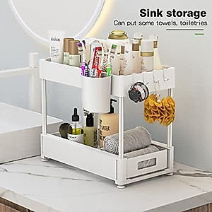 Under Sink Organizers and Storage 2 Pack, ZOMILB Bathroom Organizer 2-Tier Sliding Kitchen Cabinet Organization with Hook, Hanging Cup, Multi-purpose Under Sink Shelf Organizer for Home Storage, White