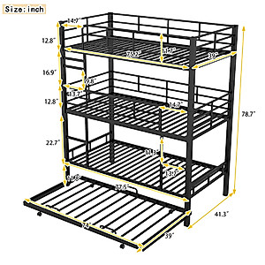 RuiSiSi Triple Twin Metal Bunk Bed with Trundle, 3 Twin Bunk Beds for Kids with Ladder, Can Be Divided Into 2 Beds, Heavy Duty Frame（Black）