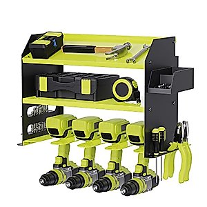Luffioner Drill Storage Rack，Power Tool Organizer Drill Holder Wall Mount， Drill Organizer for Garage, Workshop,Drill Bit Storage Shlef, Holds 4 Drills with Screws Box Father's Day Gifts (Green)