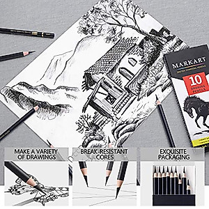Professional Drawing Set - MARKART 10 Pieces Soft Medium and Hard Charcoal Pencils for Drawing, Sketching, Shading, Pencils for Beginners & Artists