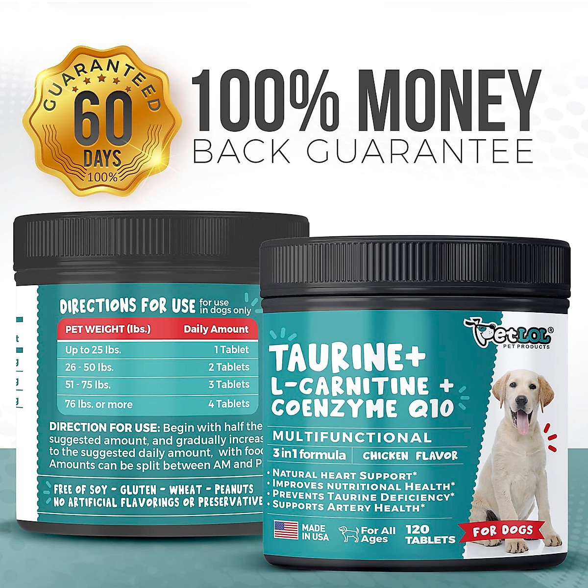 PET LOL Taurine Supplement for Dogs with L-Carnitine and Coenzyme Q10 (CoQ10): Vet Endorsed for Enlarged Heart (DCM), Congestive Heart Failure, Taurine Deficiency: 3-in-1 | Dog Supplements- 120ct