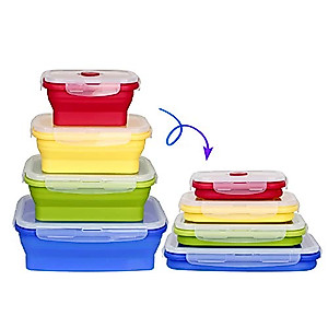CREPOW Silicone Collapsible Food Storage Containers, Set of 4 Silicone Lunch Box Containers for Kitchen, BPA Free, Microwave, Dishwasher and Freezer Safe