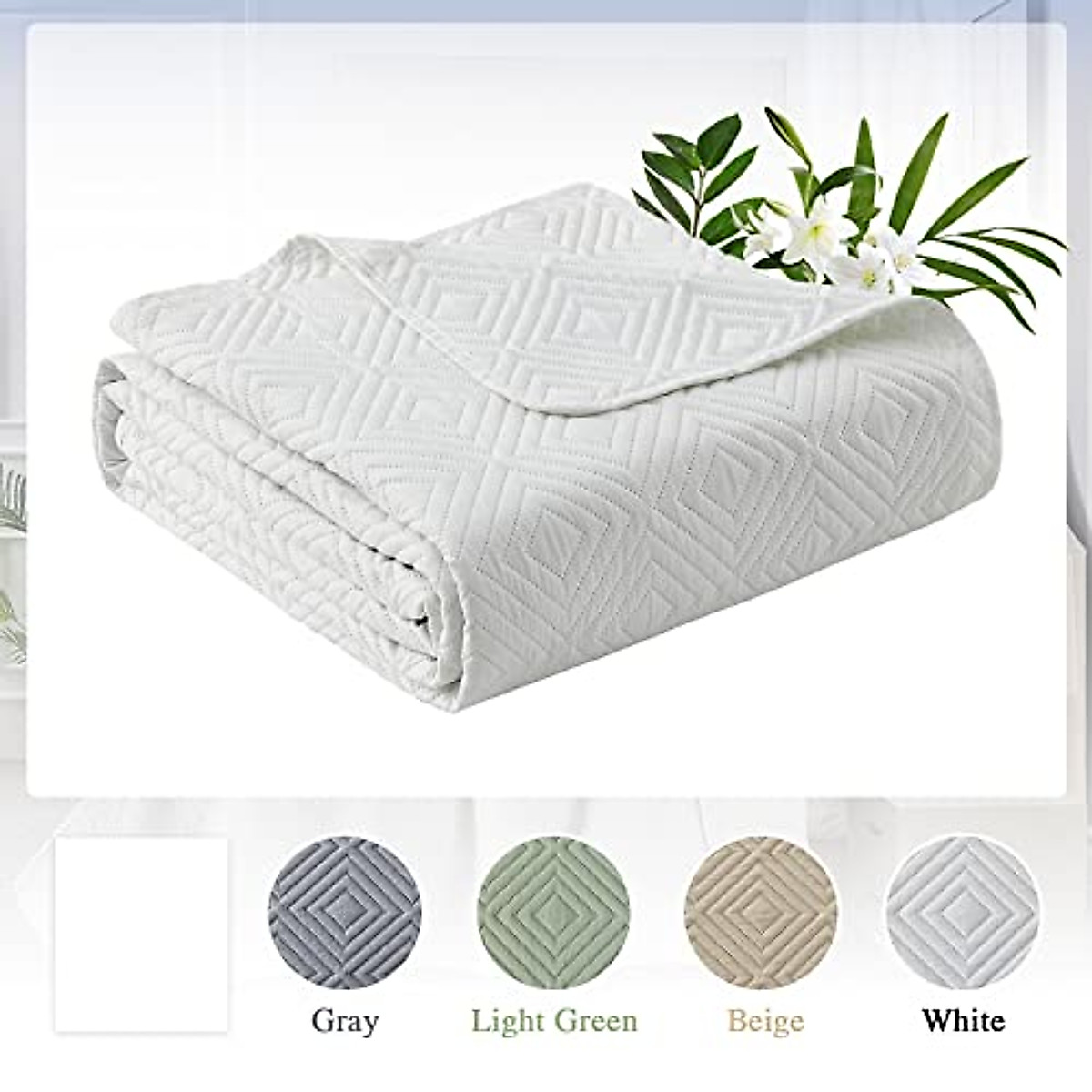 Qucover White Quilt Set California King, Soft Microfiber King Size Quilt Sets Oversized, 3D Ultrasonic Geometric Pattern Lightweight Summer Cal King Quilt 118x106, and 2 Pillow Shams