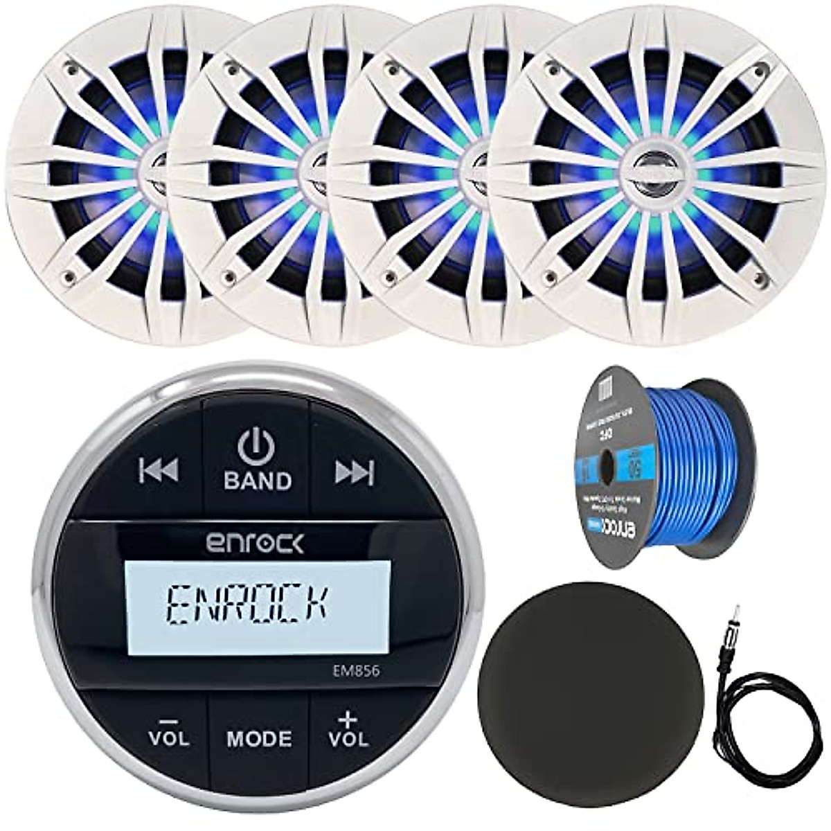 Enrock EM856 Bluetooth AM/FM Radio Digital Media Marine Gauge Hole Receiver Bundle Combo with 4x Enrock 6.5" 180W Peak Power White Boat Audio Speakers w/ Flashing Blue LED, Wire, Antenna, Radio Cover