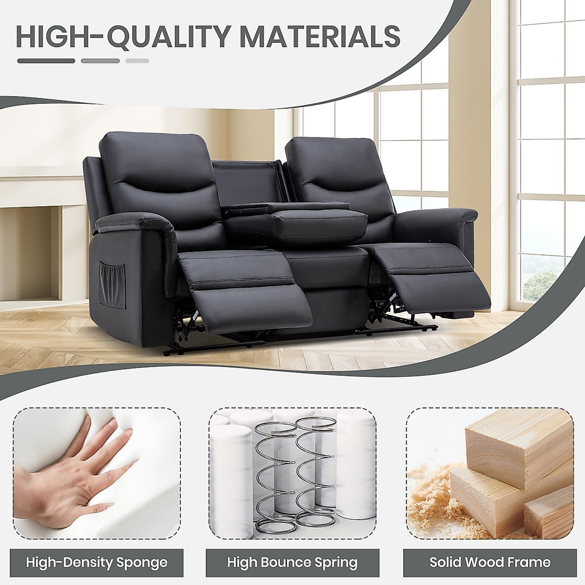 Consofa Reclining Sofa, Recliner Sofa 3 Seater with Flipped Middle Backrest,Cup Holder, Wall Hugger Sofa Recliners, Manual Reclining Couch for Living Room, RV Home Theater Seating