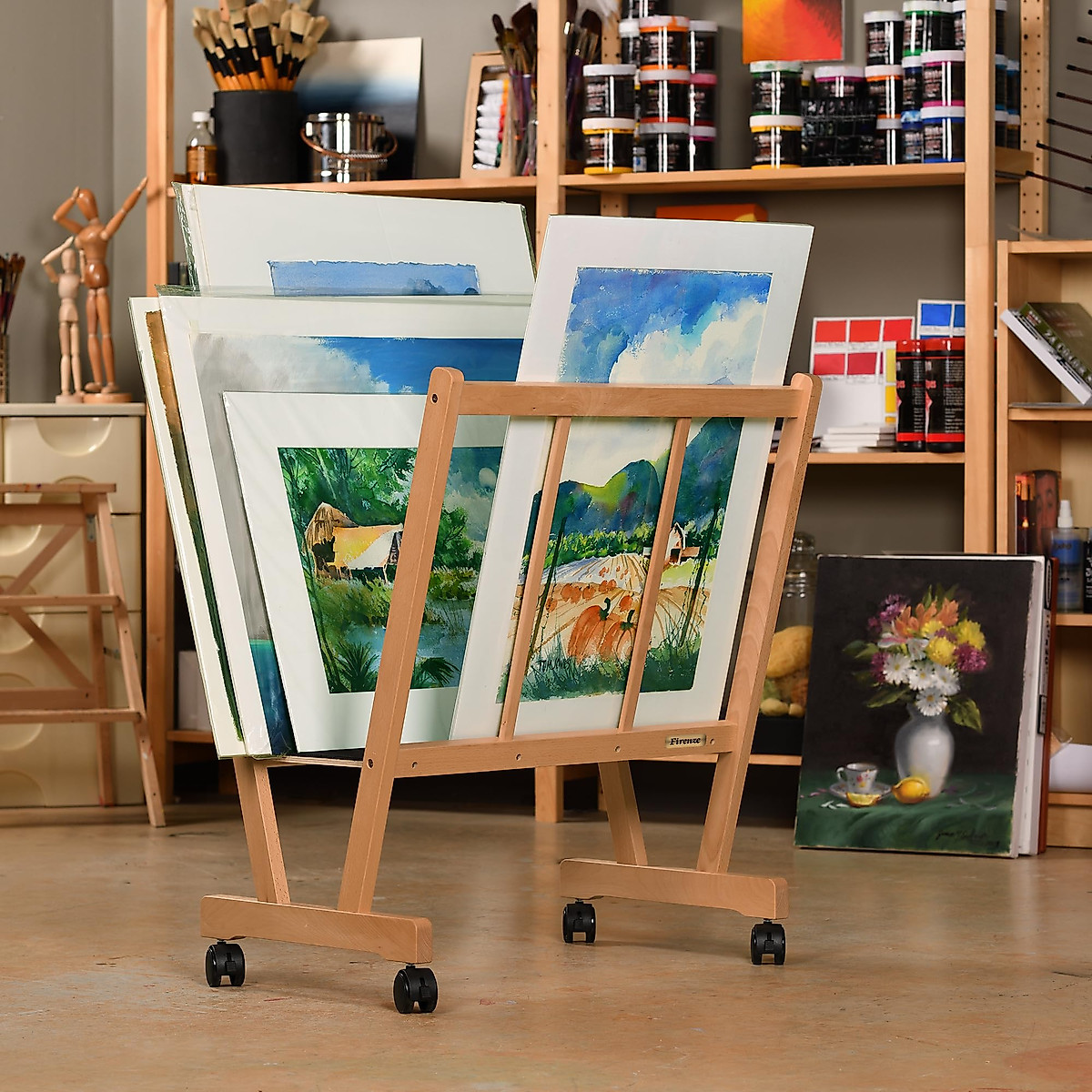 Creative Mark Firenze Wood Large Print Rack with Castors - Perfect for Display of Canvas, Art, Prints, Panels, Posters, Art Gallery Shows, Storage Rack - Natural