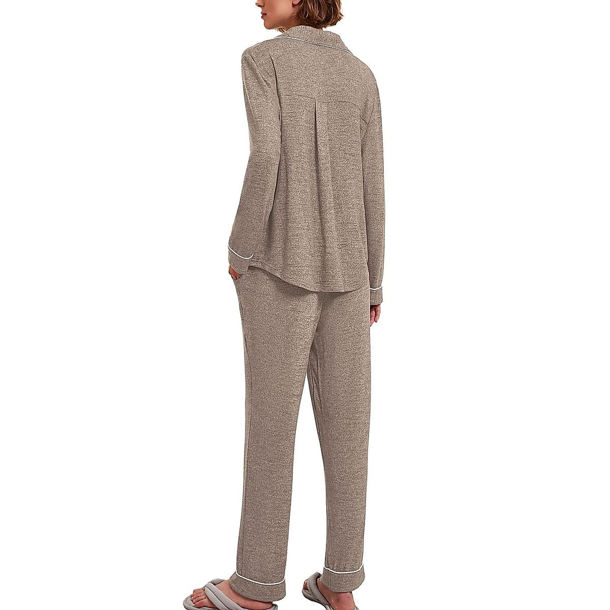 Ekouaer Pyjamas for Women Cute Long Sleeve Sleepwear Elegant Two Piece Button Down Loungewear Pjs Set Ladies Pajama Party Light Grey Khaki,Medium