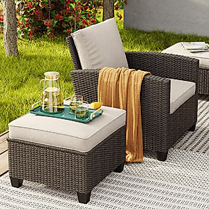 VICLLAX 2 Pieces Outdoor Ottomans, Wicker Rattan Outdoor Footstool Footrest Seat with Cushions
