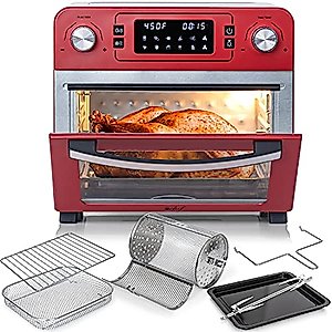 Deco Chef 24 QT Red Stainless Steel Countertop 1700 Watt Toaster Oven with Built-in Air Fryer and Included Rotisserie Assembly, Grill Rack, Frying Basket, and Baking Pan