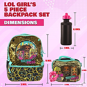 LOL Dolls 5 Piece Backpack Set for Girls, Brush Glitter Sequin School Bag with Front Panel and Mesh Pockets, Insulated Lunch Box, Water Bottle, Pencil Case and Hair Scrunchie, Black and Gold