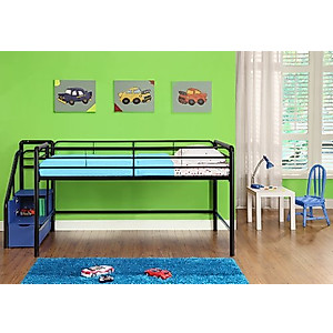 DHP Junior Twin Metal Loft Bed with Storage Steps, Multifunctional Space-Saving Solution - Black with Blue Steps