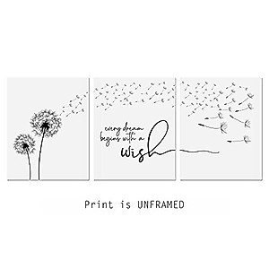 Every Dream Begins With A Wish Dendelion Wall Art Bedroom Nursery Decor Dandelion Print Best Friend Gift Living Room Wall Decor, Set of 3, UNFRAMED 11X14INCH