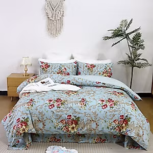Softta Vintage Luxury Flower Leaves Queen Size Bedding Set 4Pcs Duvet Cover + Flat Sheets Set + 2 Pillowcases Boho Floral 100% Egyptian Cotton Colorful Red Orange Blue