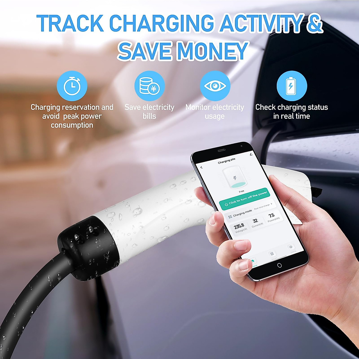 EV Charger Level 2, 8 to 32Amp - 240V Portable Electric Car Charger Nema 14-50 Plug WiFi & Bluetooth Enabled EVSE EV Charger 25FT Cable