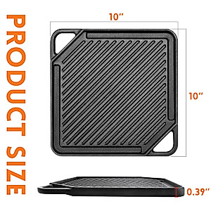 GGC Cast Iron Reversible Griddle, 2-In-1 Griddle Pan for Gas Grills and Stove Tops, 10 x 10 Square Baking Flat and Ribbed Griddle Plate