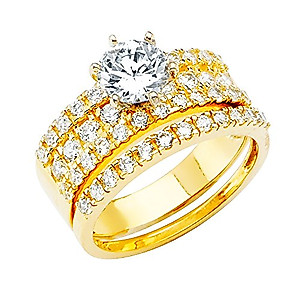 Jewels By Lux 14K Yellow Gold Cubic Zirconia CZ Wedding Band and Engagement Bridal Ring Two Piece Set Size 7