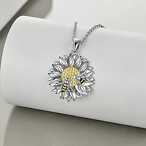 HUKKUN Sunflower Necklace Sterling Silver Sunflower with Bee Pendant Necklace You Are My Sunshine Sunflower Jewelry Gifts for Women