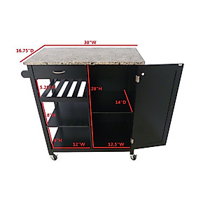 King's Brand Furniture-Black Wood & Marble Finish Top Kitchen Storage Cabinet Cart