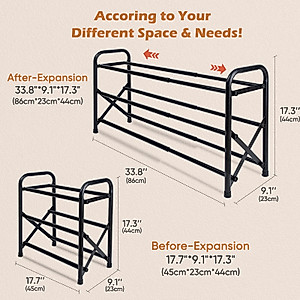 3-Tier Expandable Shoe Rack, Adjustable Metal Shoe Rack for Front Door Metal Black Free Standing Shoe Storage Organizer for Small Space Entryway Garage Hallway Bedroom Easy to Assemble, Black