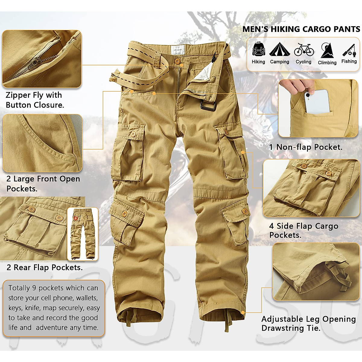 TRGPSG Men's Cargo Pants, Outdoor Tactical Camo Hiking Pants, Multi-Pocket Relaxed Fit Cotton Casual Work Pants 5334 Khaki 36