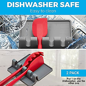 Grey Silicone Spoon holder for Stove Top with Drip Pad (Two Pack) - Heat Resistant, BPA Free Utensil Rest & Spoon Rest for Kitchen Counter - Grill Utensil Holder for Spatulas, Tongs, Ladles