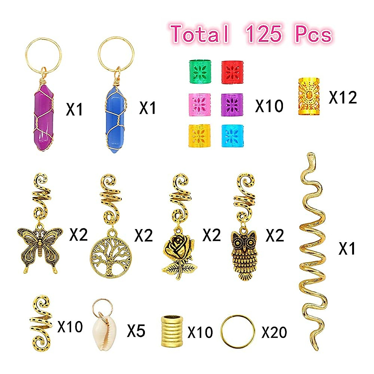 125 Pcs Dreadlocks Loc Hair Jewelry for Women Braids Hair, Crystal Gemstone Pendant Hair Accessories, Gold and Colorful Hair Rings for Braids, Cute Hair Pendants Butterfly Rose Shell and Snake