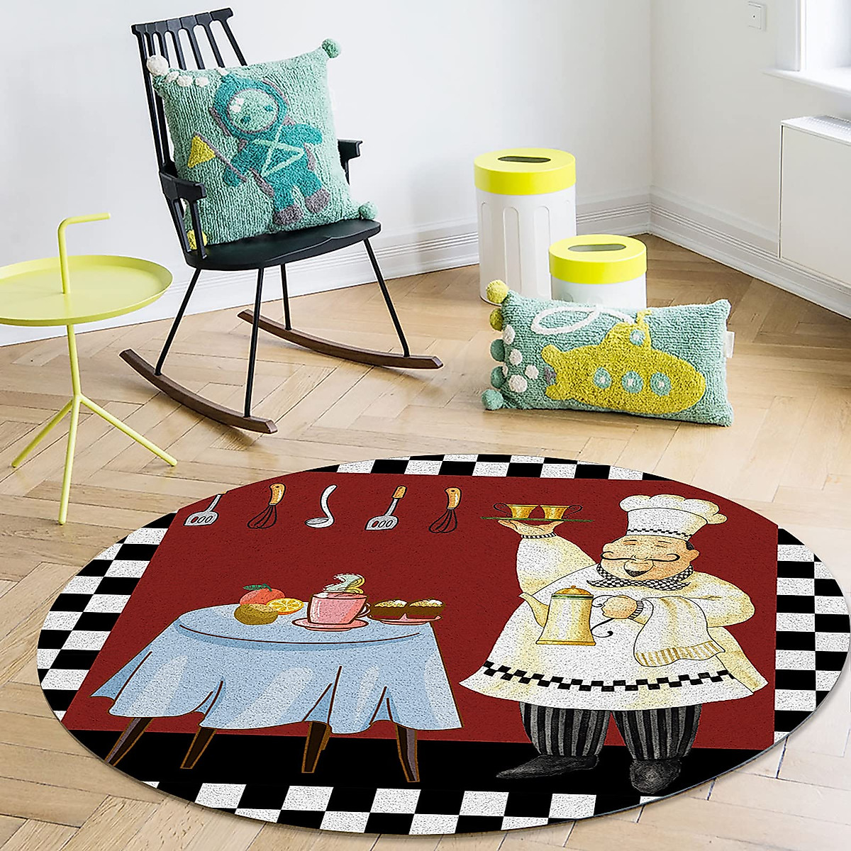 Kitchen Coke Coffee Chefs Round Area Rugs Collection 3', Rustic Black and White Buffalo Plaid Indoor Circular Throw Runner Rug Floor Mat Carpet for Living Room Dining Table Bedroom Nursery Decor