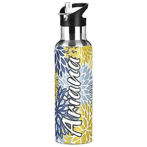 RunningBear Custom Spring Blue Floral Pattern Water Bottle with Straw Lid Personalized 20oz Insulated Sports Water Bottle Customized Leak Proof BPA-Free Flask for Boys Girls