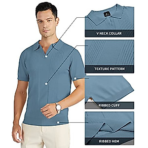 V VALANCH Vintage Shirts for Men Polo Shirt Short Sleeve Collared Knit Golf Polo Blue Shirt